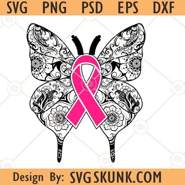 Cancer ribbon with butterfly svg, Butterfly Breast Cancer SVG, Pink ...