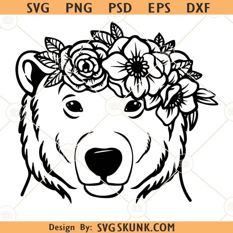 Bear head with flower crown SVG, Bear head with Floral crown SVG, Bear ...