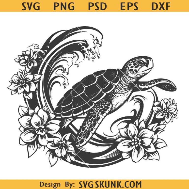 Floral sea turtle on wave SVG, Turtle with wave SVG, Floral Turtle wave ...