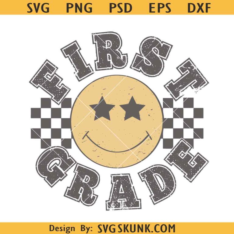 Retro first grade checkered smiley svg, first grade smiley face svg