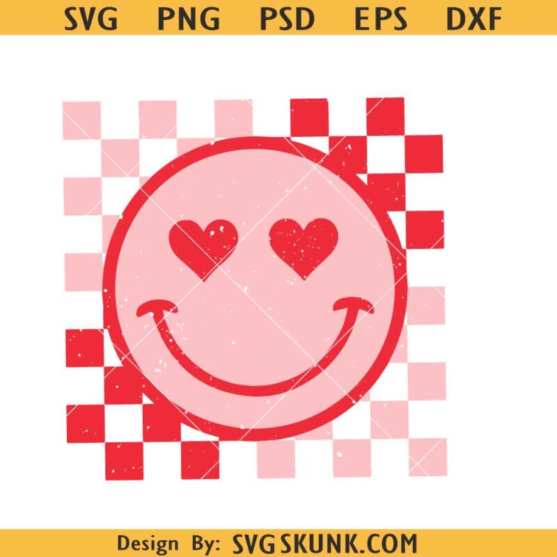 Retro checkered Valentine smiley face SVG, Retro Grunge Valentine's Day svg
